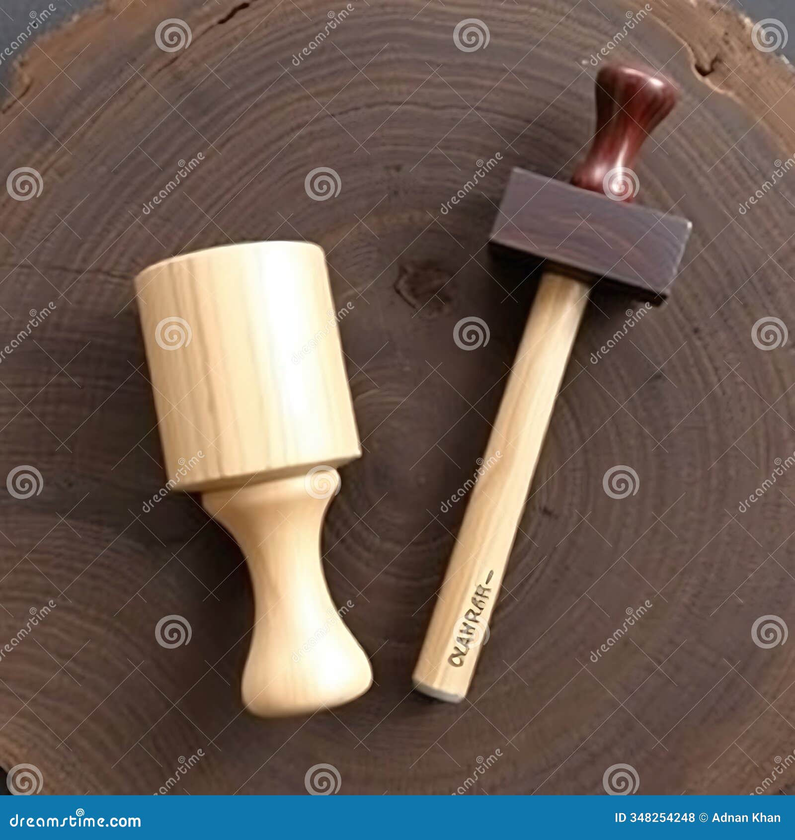 Chisel and Mallet Placed Side by Side on a Piece of Dark Oak Wood with ...