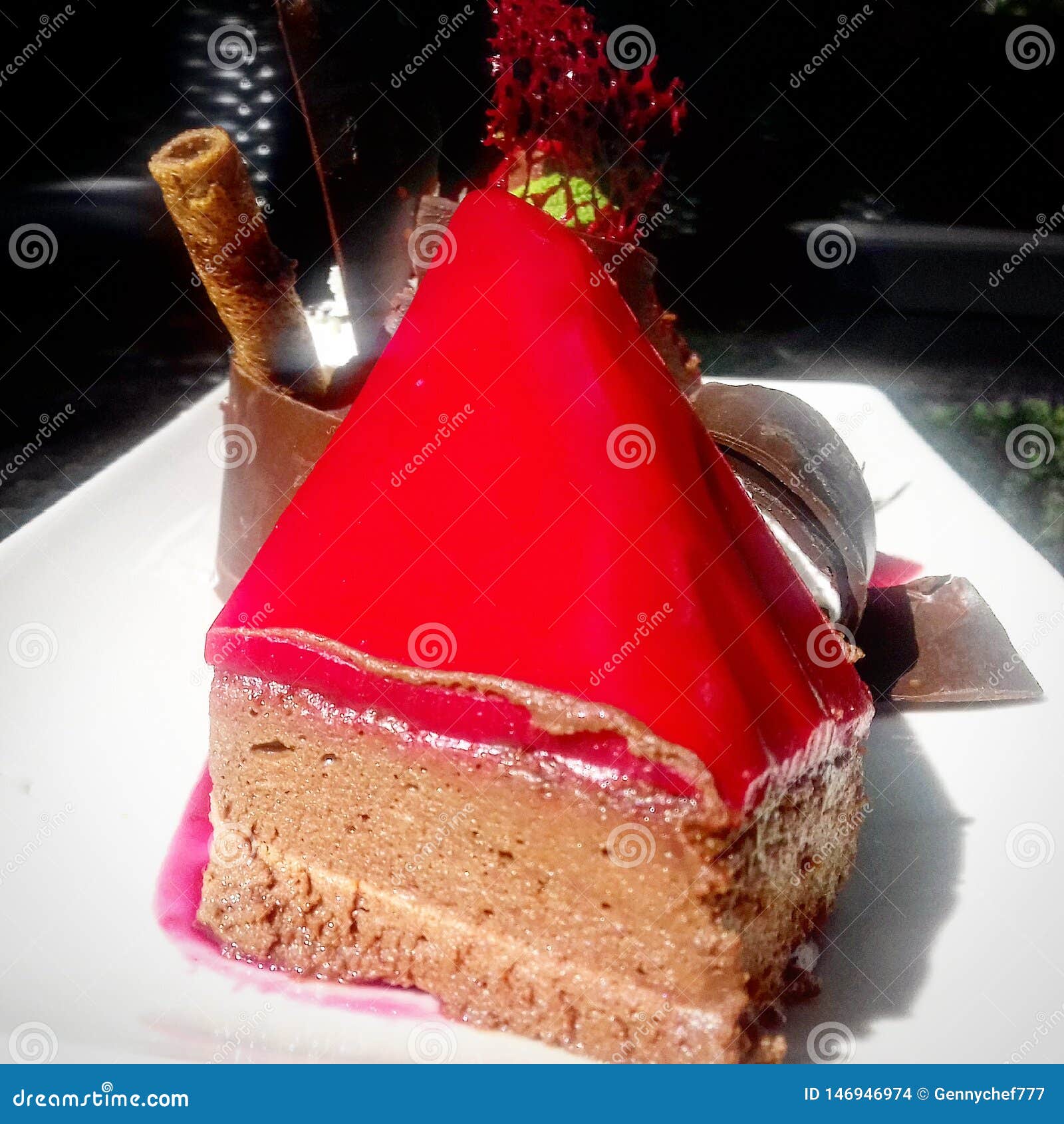 Choco Cake Glazed with Red Chocolat Stock Photo - Image of desert ...