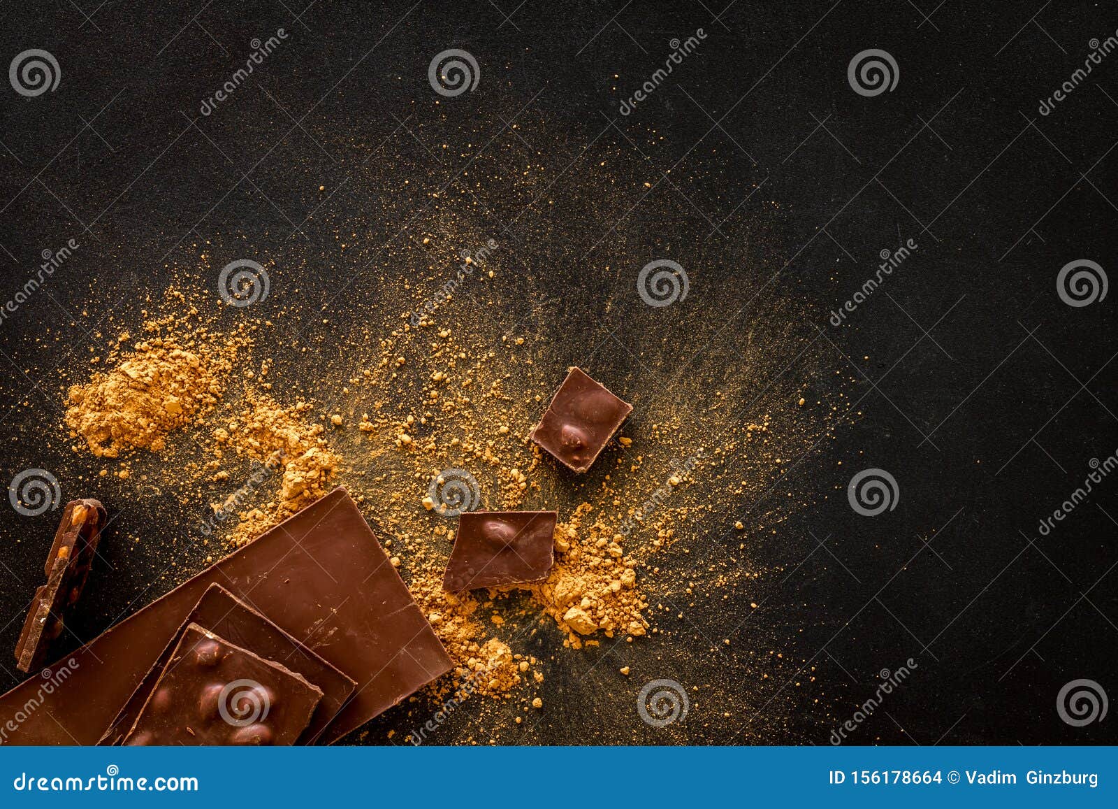 Chocolade Splash with Cocoa Powder and Bars on Black Background Top ...