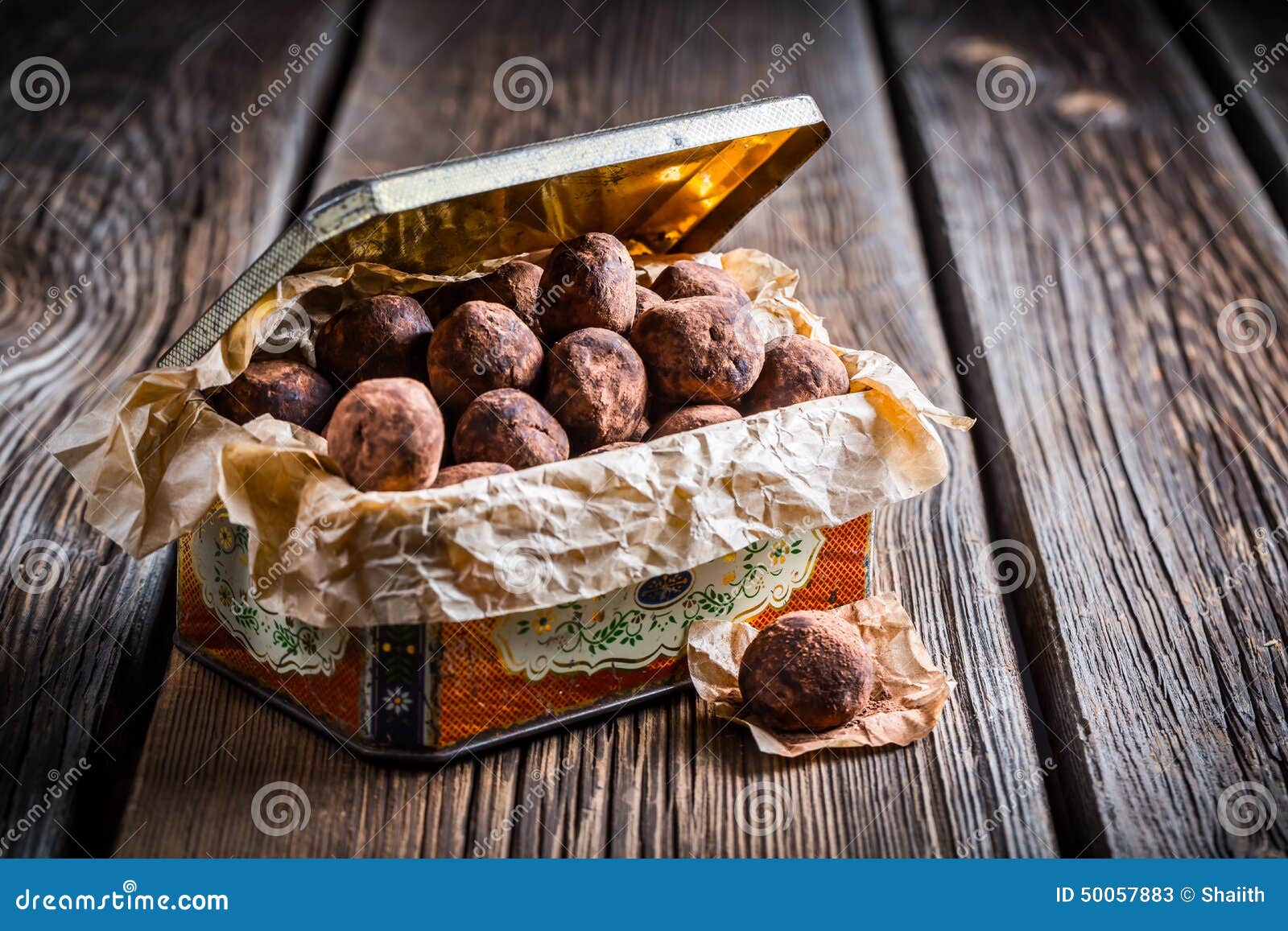 Chocolate Balls in the Old Red Box Stock Image - Image of truffles ...