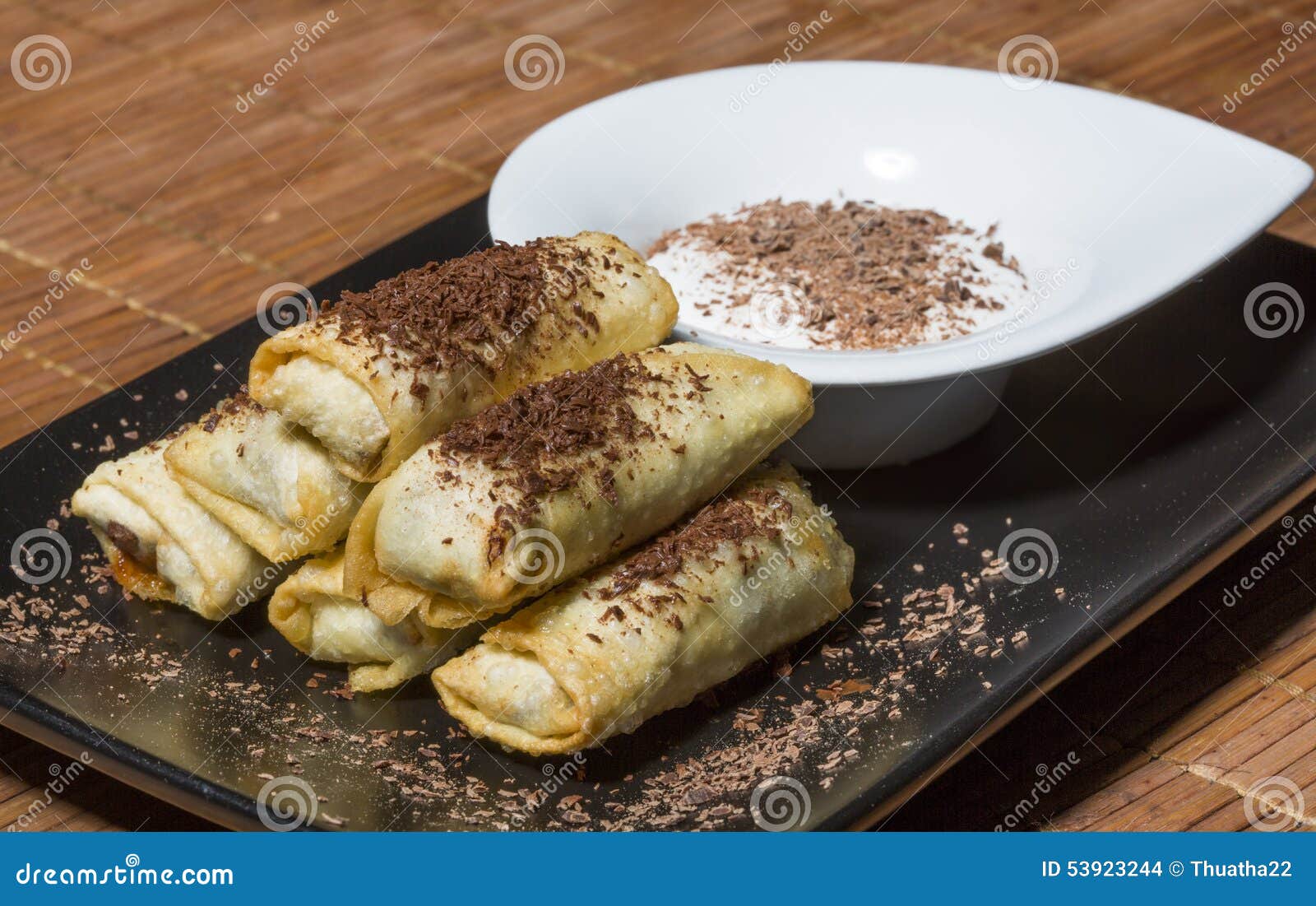 Chocolate and Banana Spring Rolls Stock Photo - Image of served, food ...
