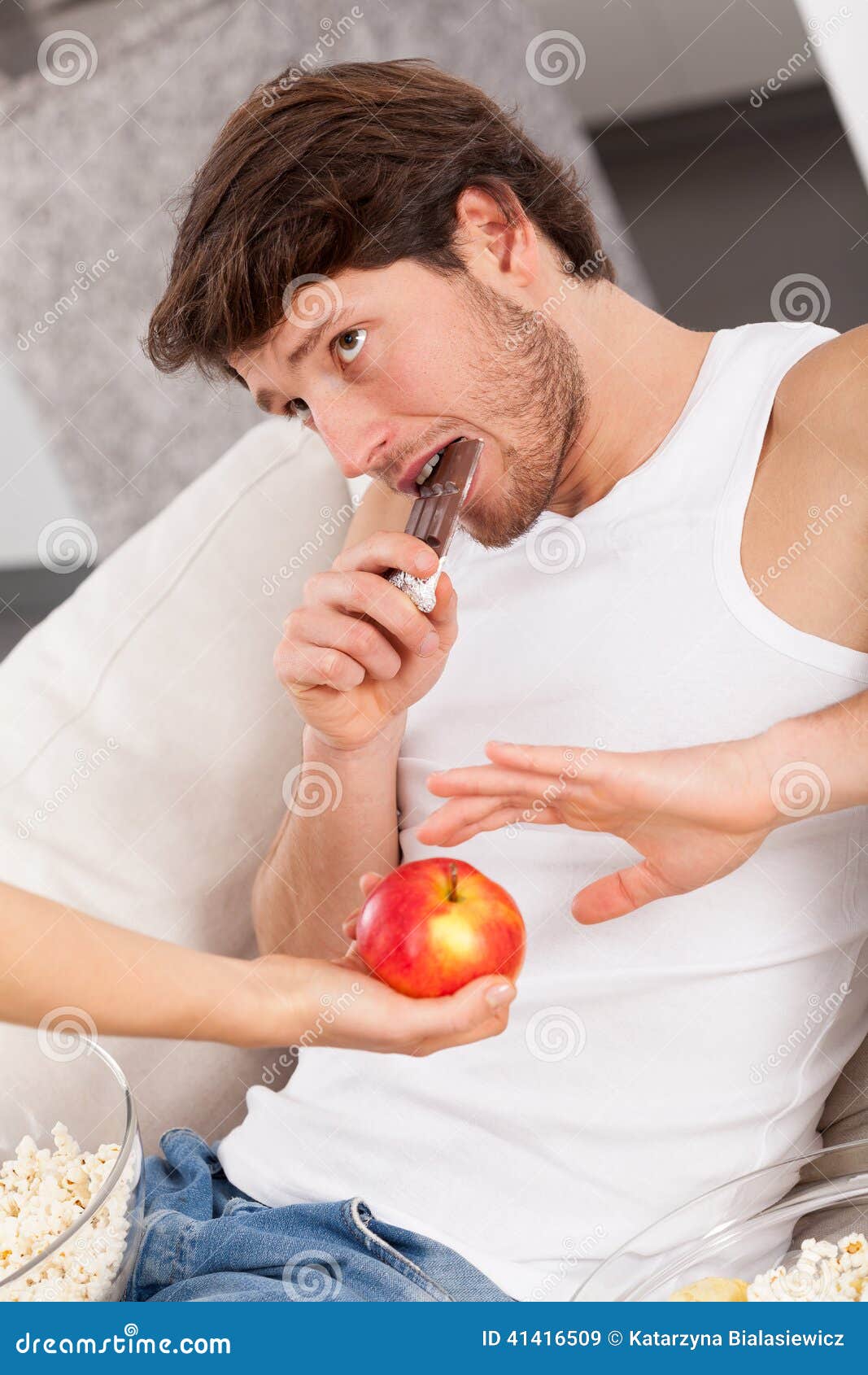 Chocolate Bar instead of Apple Stock Image - Image of sofa, snack: 41416509