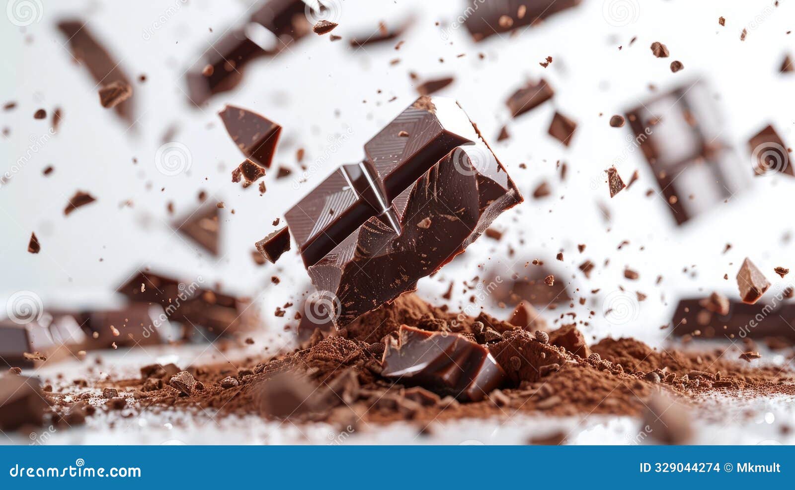 Chocolate Bar Chunks Exploding in Mid-air Over Cocoa Powder Stock Photo ...