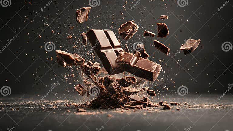 Chocolate Bar and Pieces Exploding on Dark Background Stock Photo ...