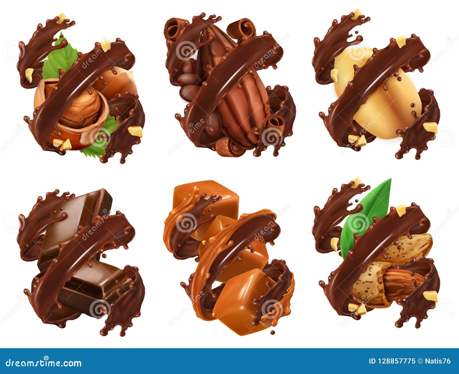 Chocolate Bar, Nuts, Caramel, Cocoa Bean in Chocolate Splash. 3d Vector ...