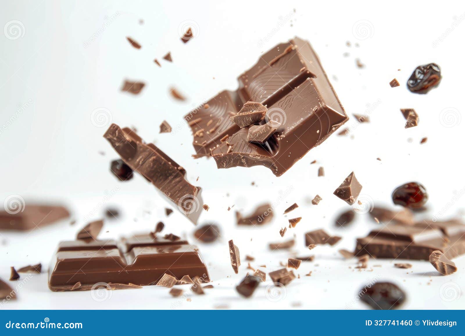 Chocolate Bar Exploding with Raisins on White Background Stock Photo ...