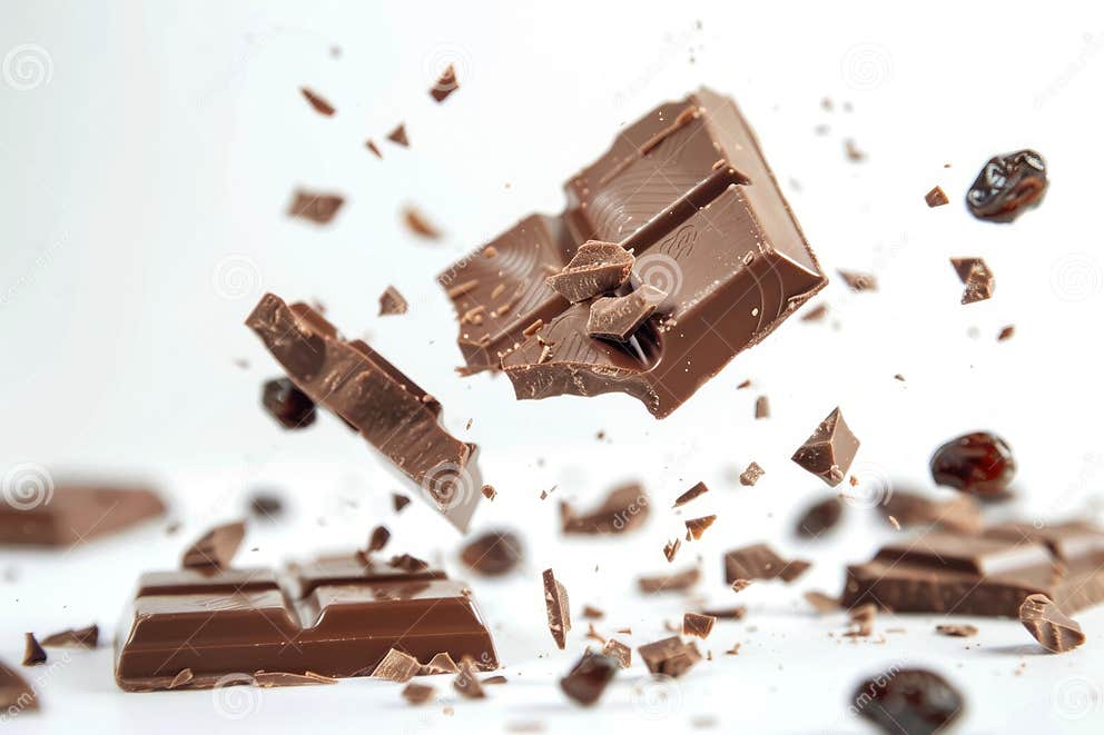 Chocolate Bar Exploding with Raisins on White Background Stock Photo ...