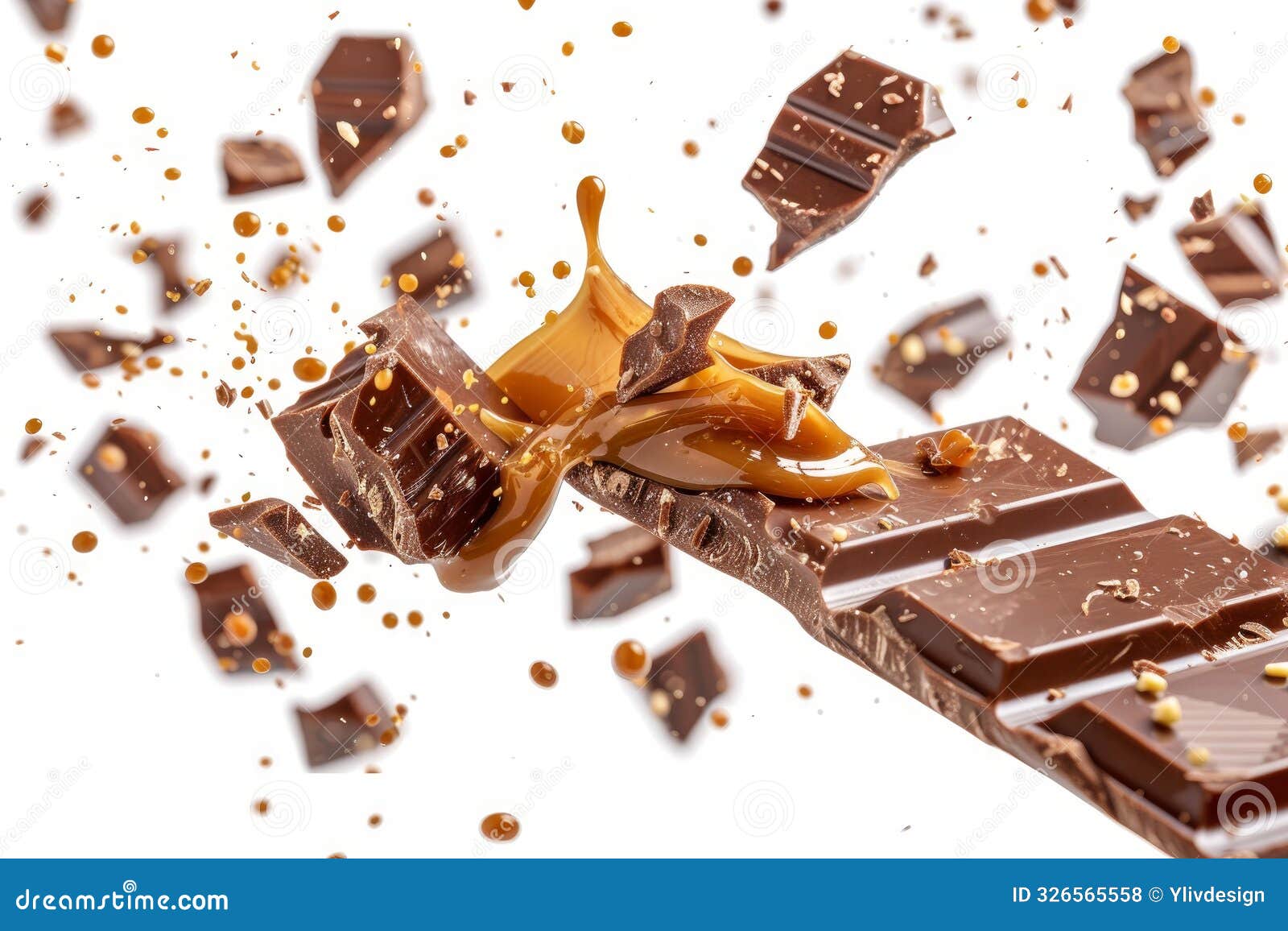 Chocolate Bar Pieces Flying with Caramel Splash on White Background ...