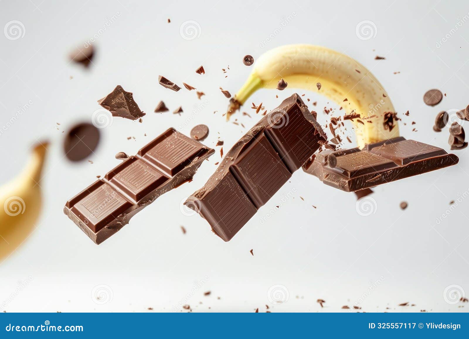 Chocolate Bars and Banana Pieces Flying on White Background Stock Image ...