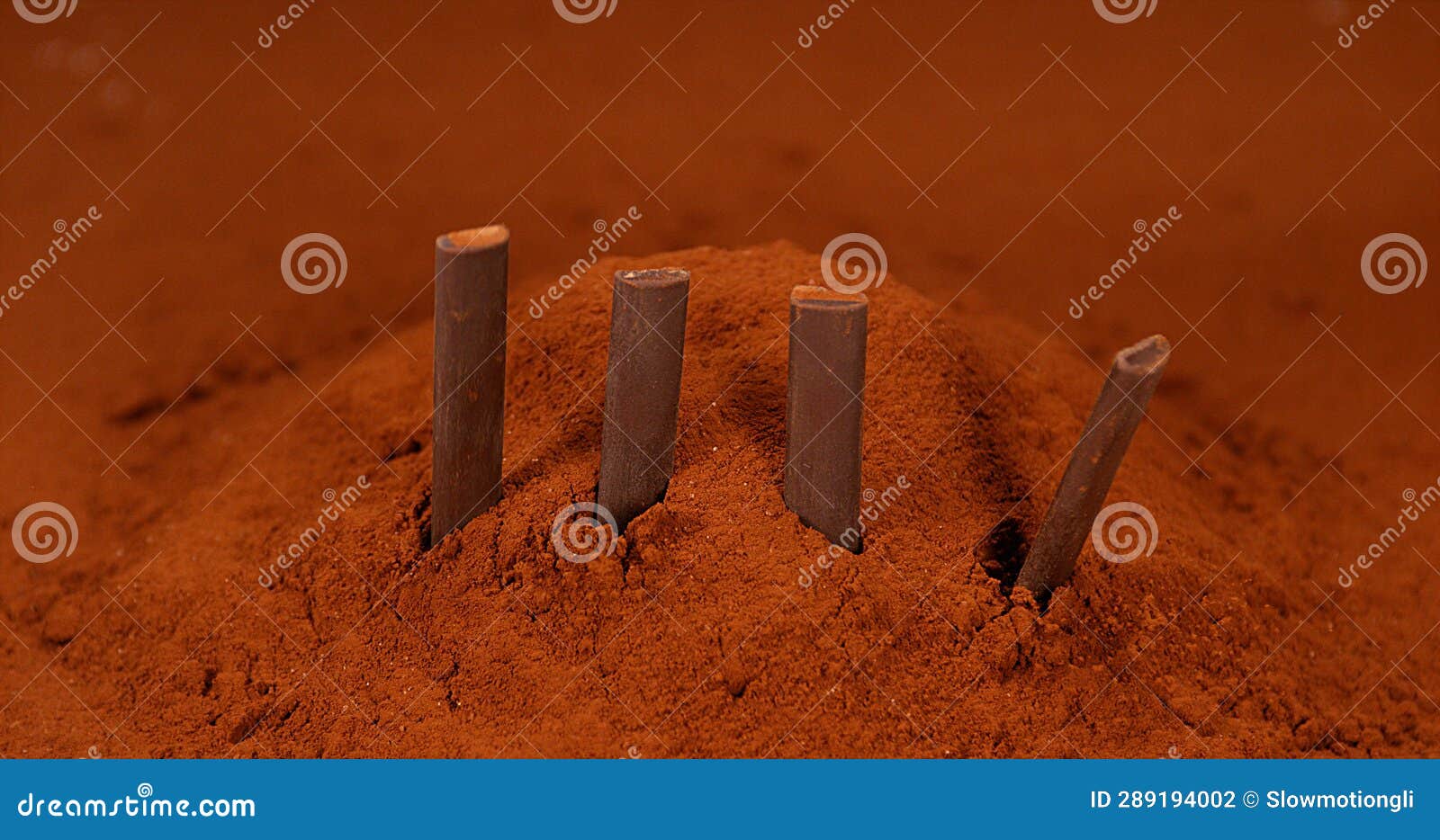 Chocolate Bars Falling on Black Chocolate Powder Stock Photo - Image of ...