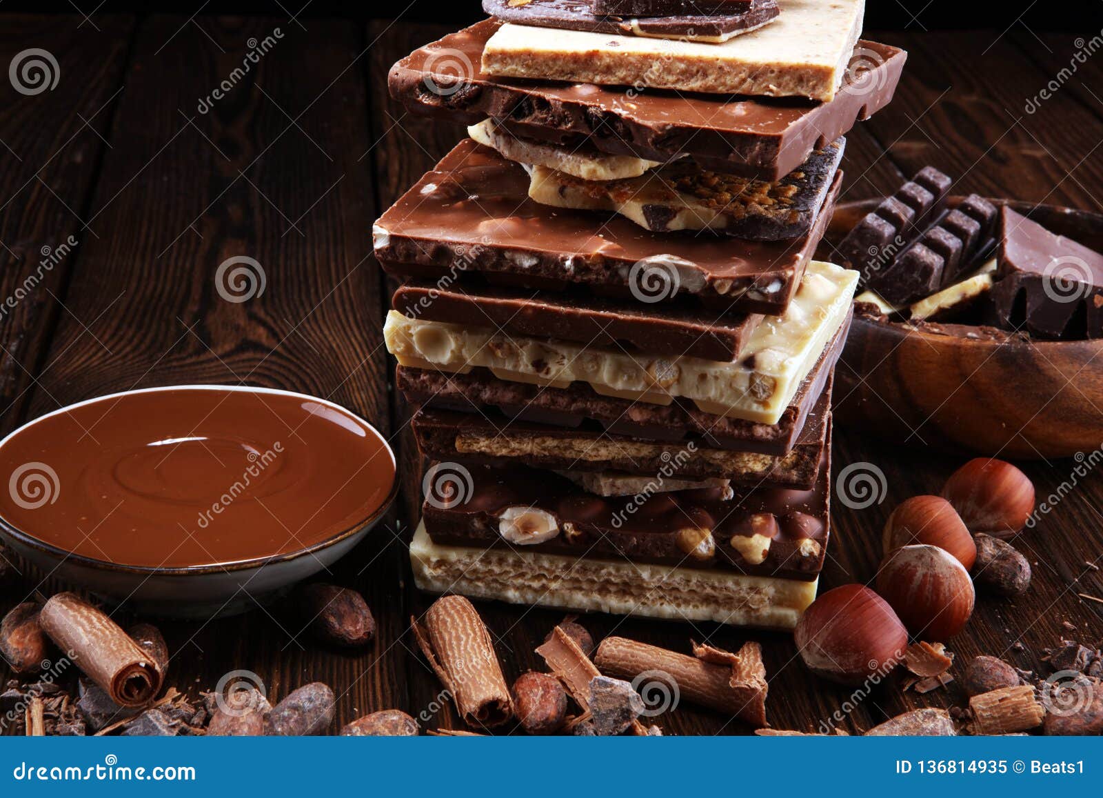 Chocolate Bars on Table with Chocolate Tower Stock Image - Image of ...