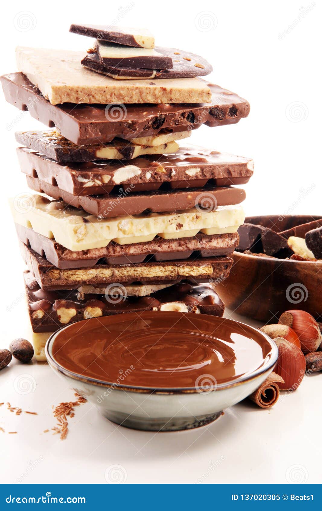 Chocolate Bars on Table with Chocolate Tower Stock Image - Image of ...
