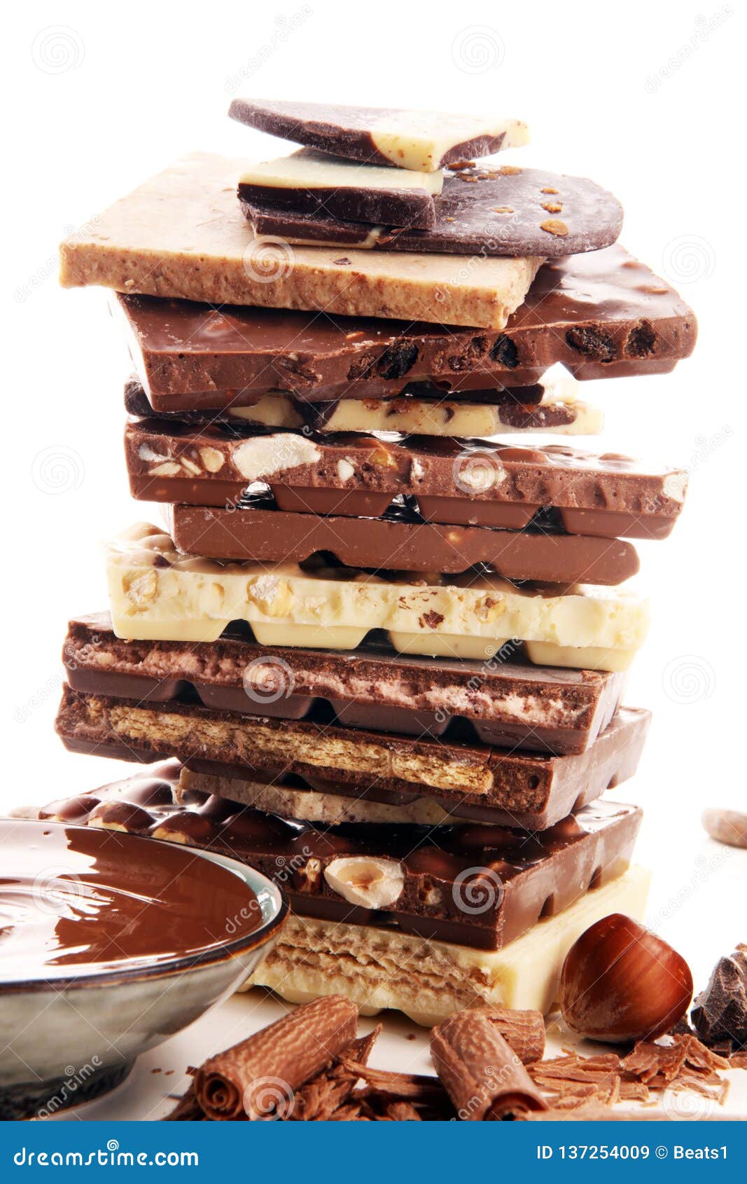 Chocolate Bars on Table with Chocolate Tower Stock Image - Image of ...