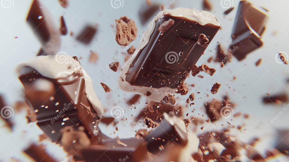 Chocolate Bars and White Cream Exploding on Light Background Stock ...