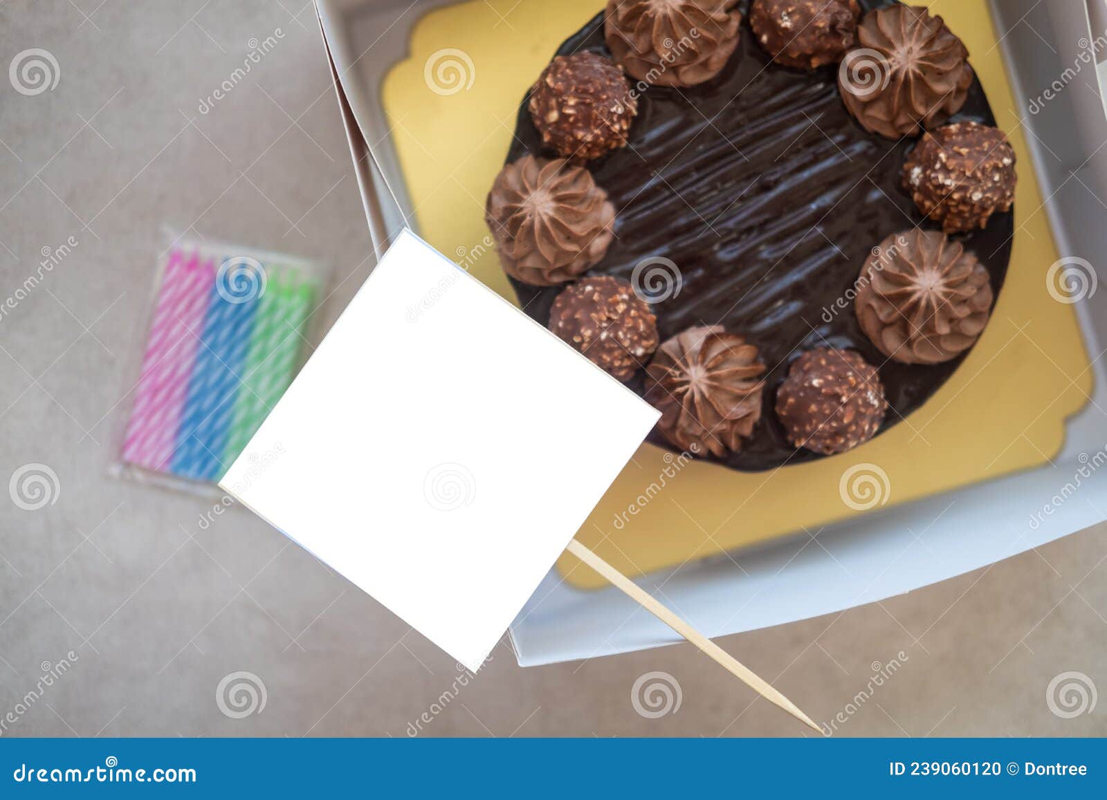 Chocolate Birthday Cake with Blank Label and Candles Stock Photo ...