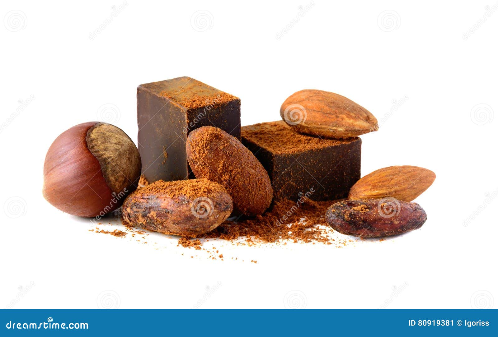 Chocolate Blocks with Cocoa Beans and Nuts Isolated on White Background ...
