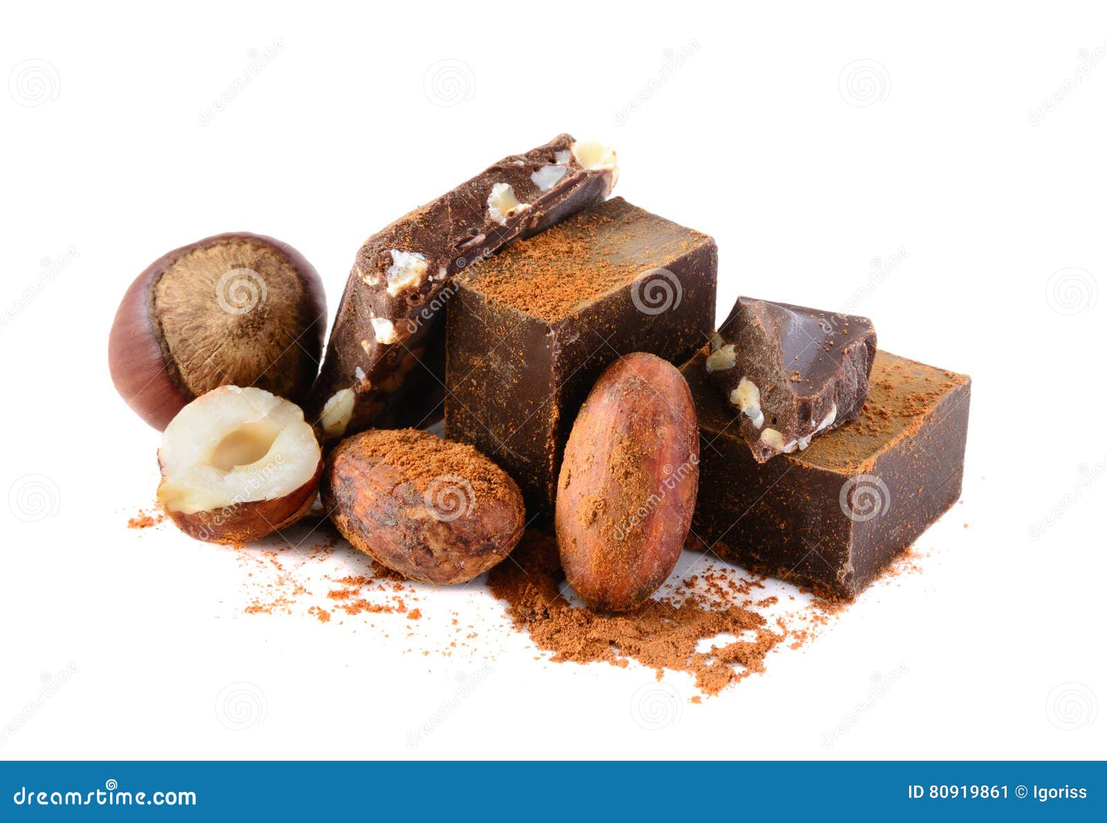 Chocolate Blocks with Cocoa Beans and Nuts Isolated on White Background ...