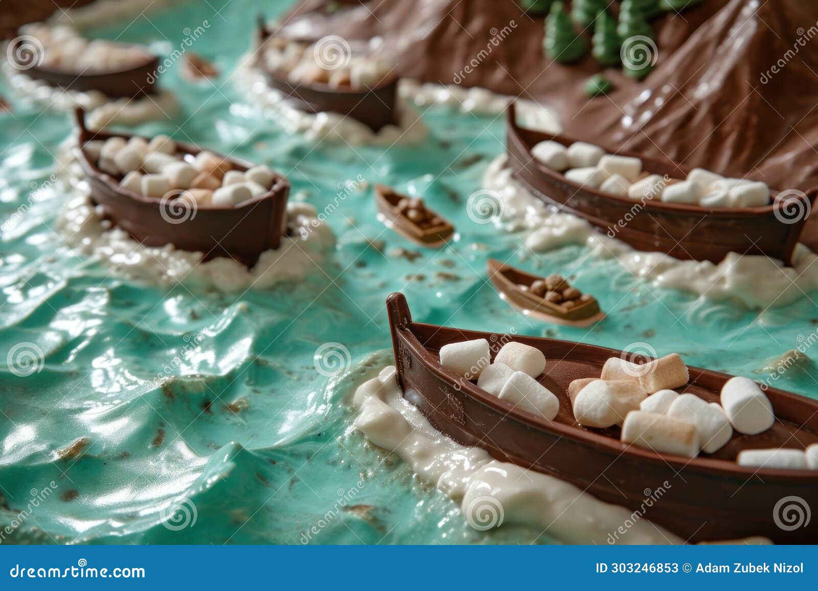 Chocolate Boats with Marshmallows on a Sea of Mint Candy Stock ...
