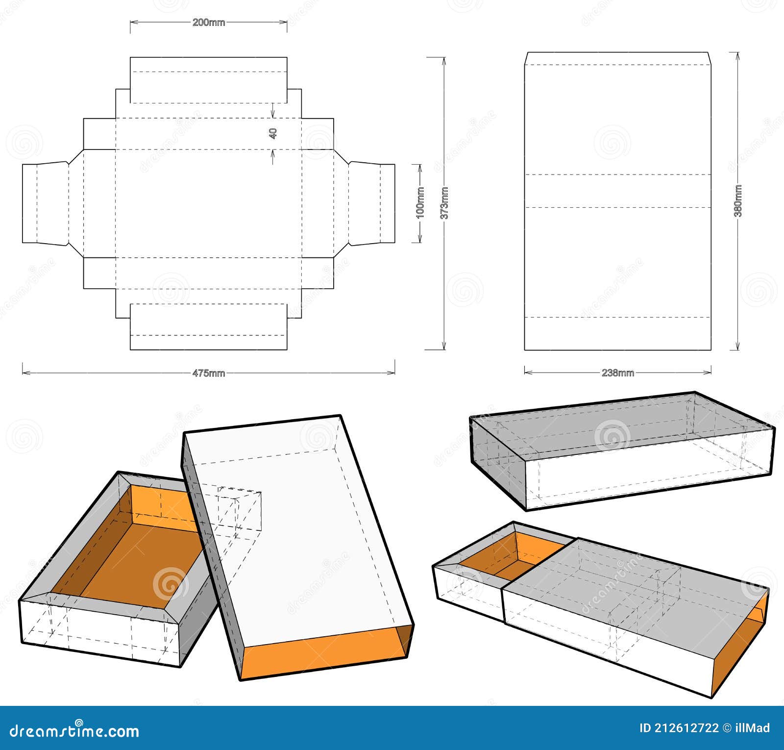 Chocolate Box and Die-cut Pattern. Internal Measurement 20x10x4cm Stock ...