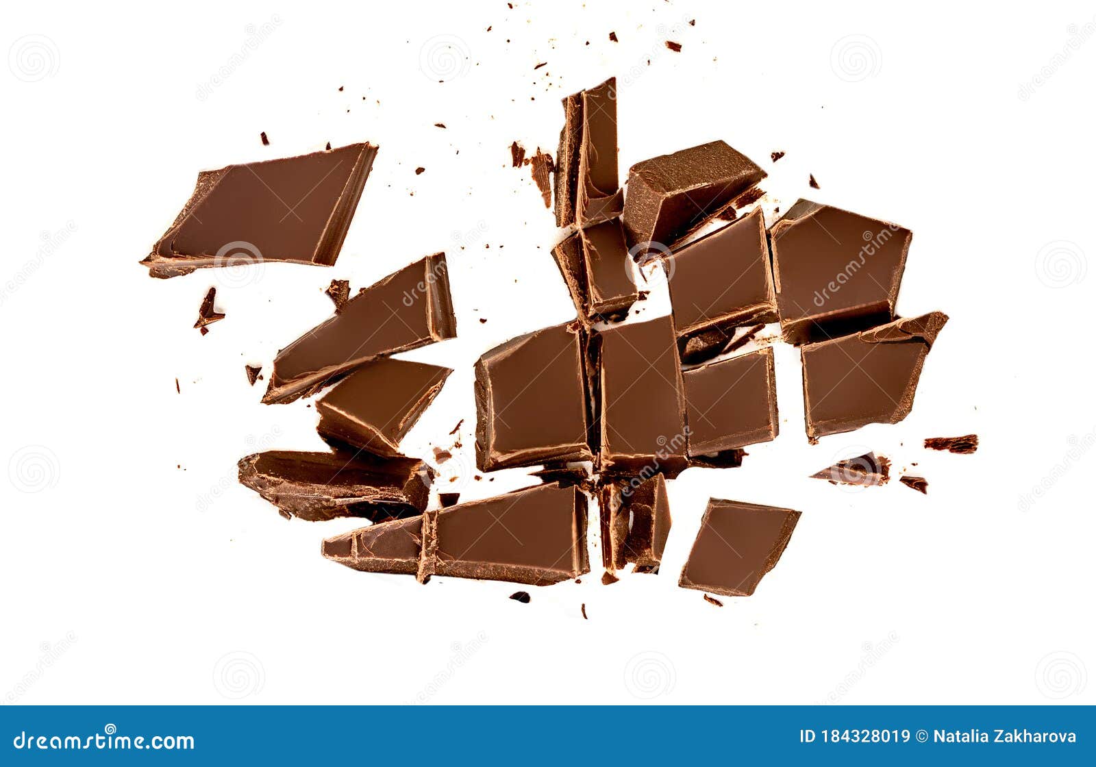 Chocolate Broken Pieces and Shavings Isolated on White Background ...