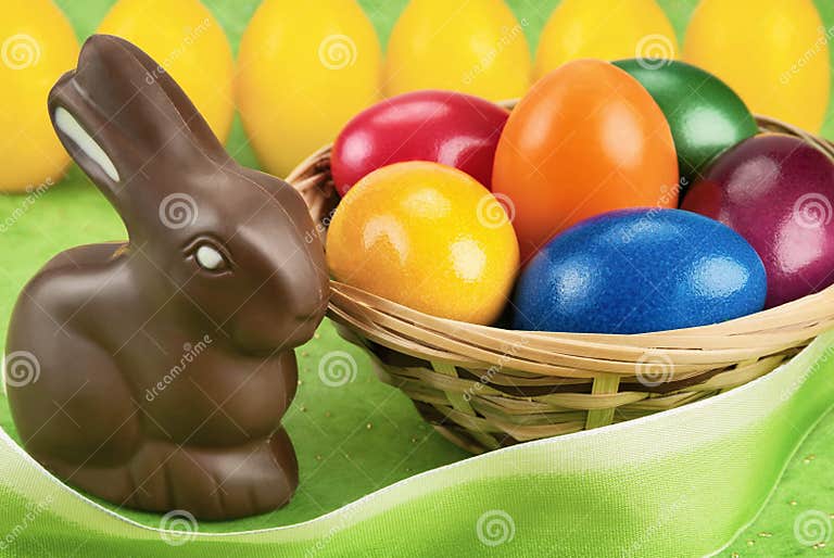 Chocolate Bunny and Easter Eggs Stock Image - Image of green, blue ...