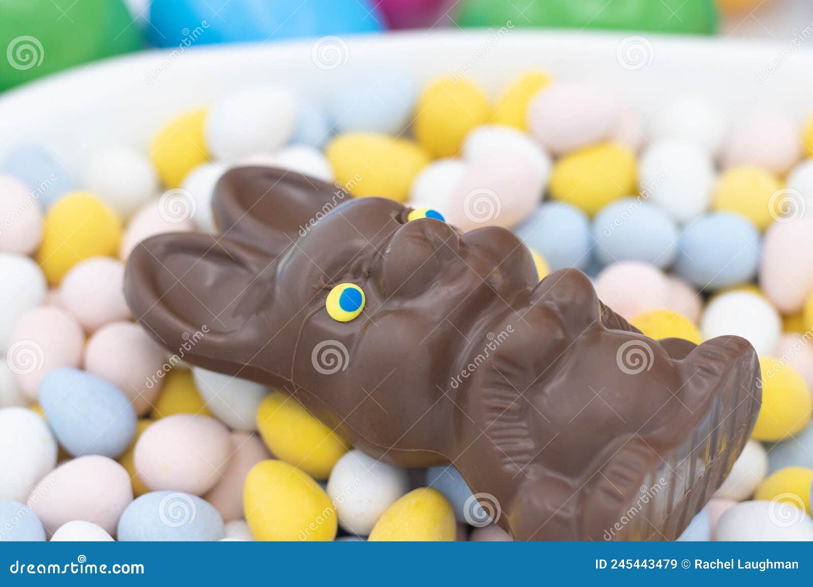 Chocolate Bunny Laying on Candy Eggs Stock Image - Image of sweet ...