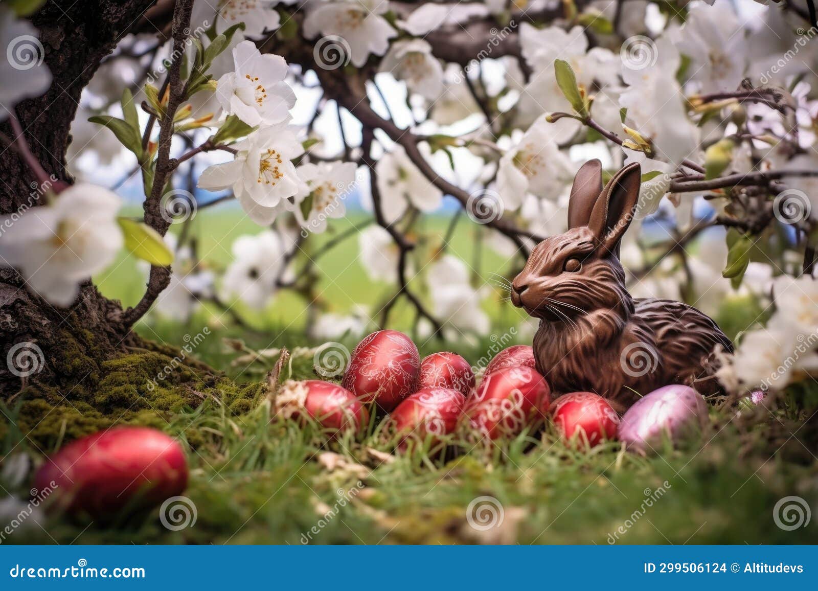 Chocolate Bunny Under a Tree, Surrounded by Fallen Apple Blossoms in a ...