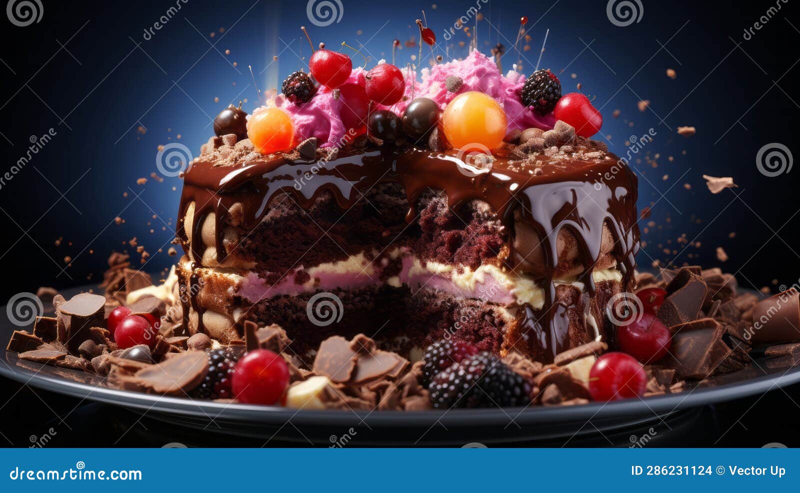A Chocolate Cake with Candy Exploding. Generative AI. Stock Photo ...
