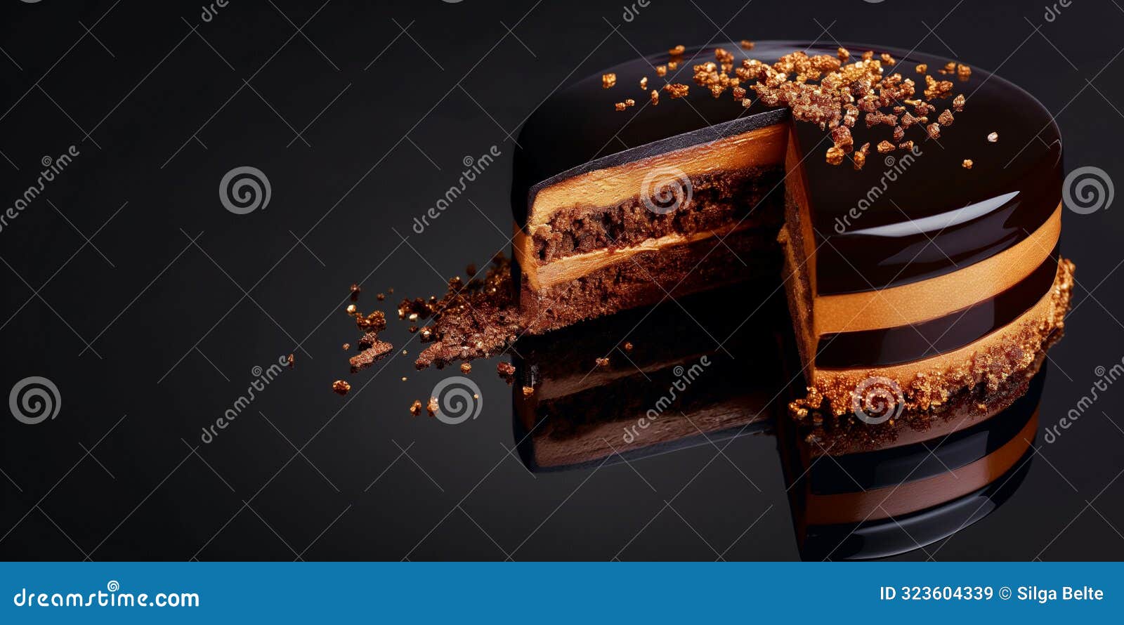 A Chocolate Cake with Caramel Layers Exploding Outward, Set Against a ...