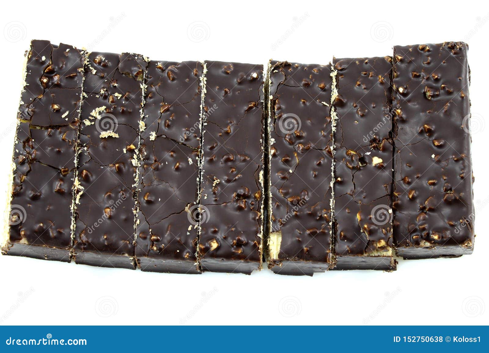 Chocolate Cake with Nuts, Cut into Rectangular Pieces, on a White ...