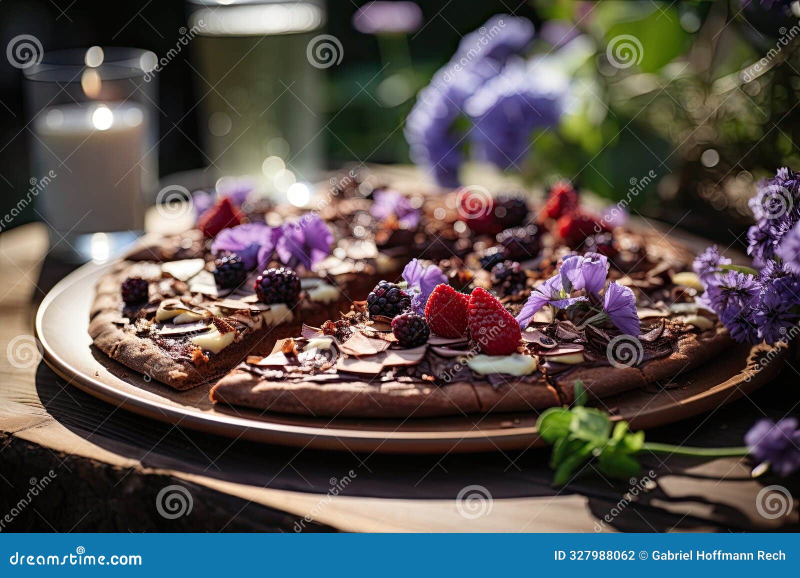 A Chocolate Cake Pizza at a Spring Party with Wild Flowers., Generative ...