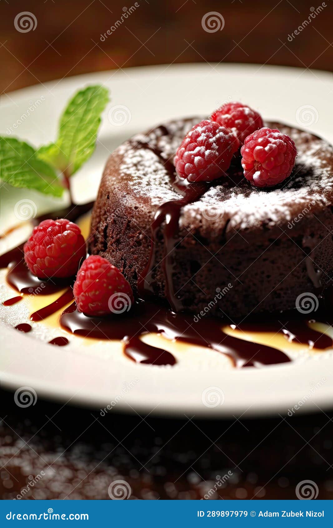A Chocolate Cake with Raspberries and Syrup on a Plate Stock ...