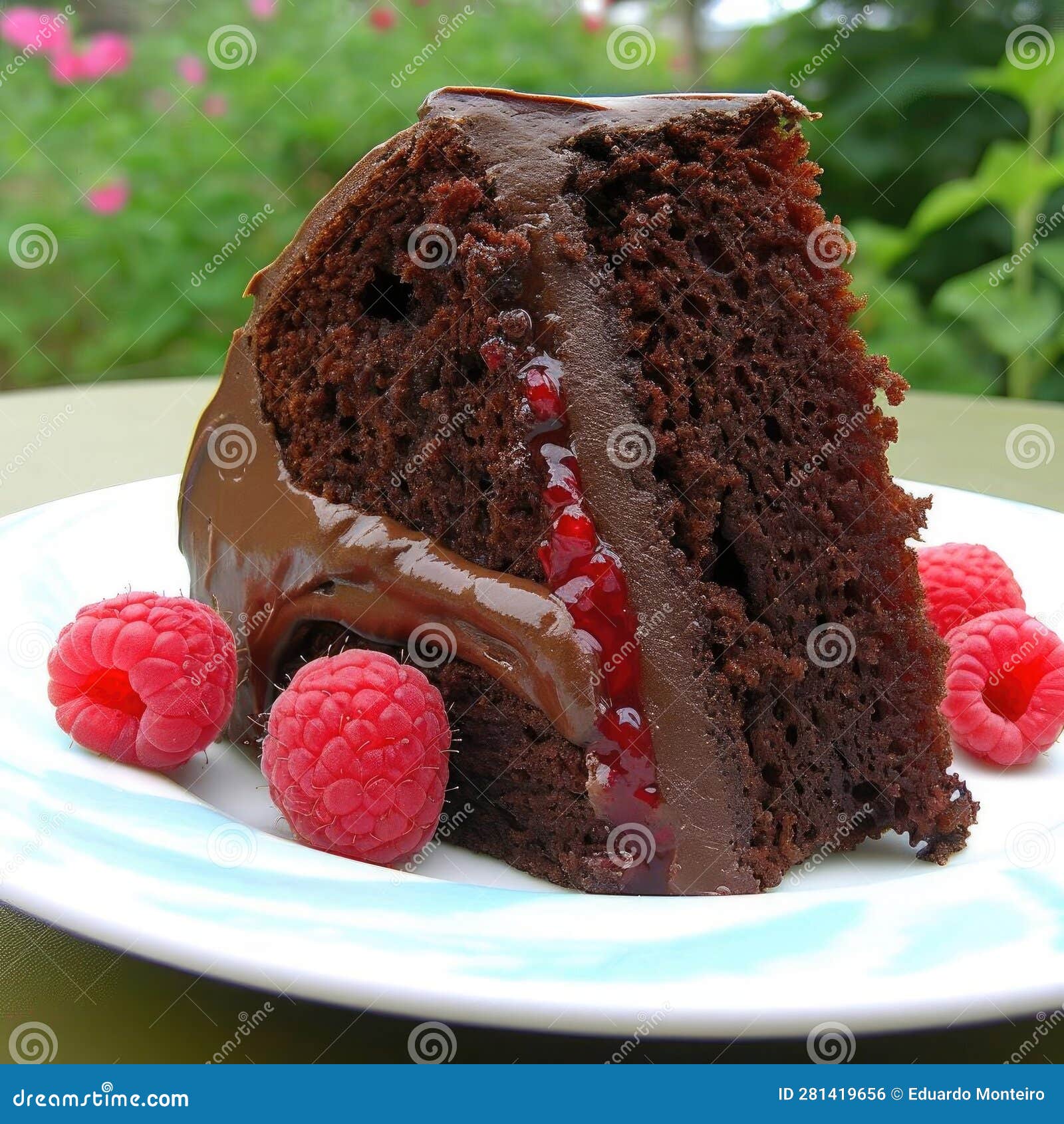 Chocolate Cake with Raspberries and Chocolate Syrup on a Plate Stock ...