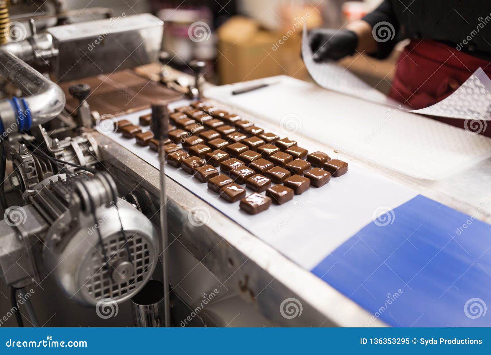 Chocolate Candies On Conveyor At Confectionery Stock Image Image Of