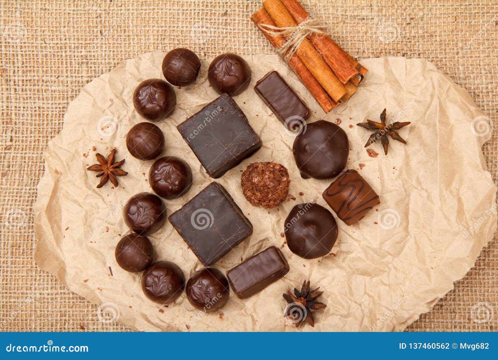 Chocolate Candies Rectangular and Round Shape Put on Pack Paper in the ...