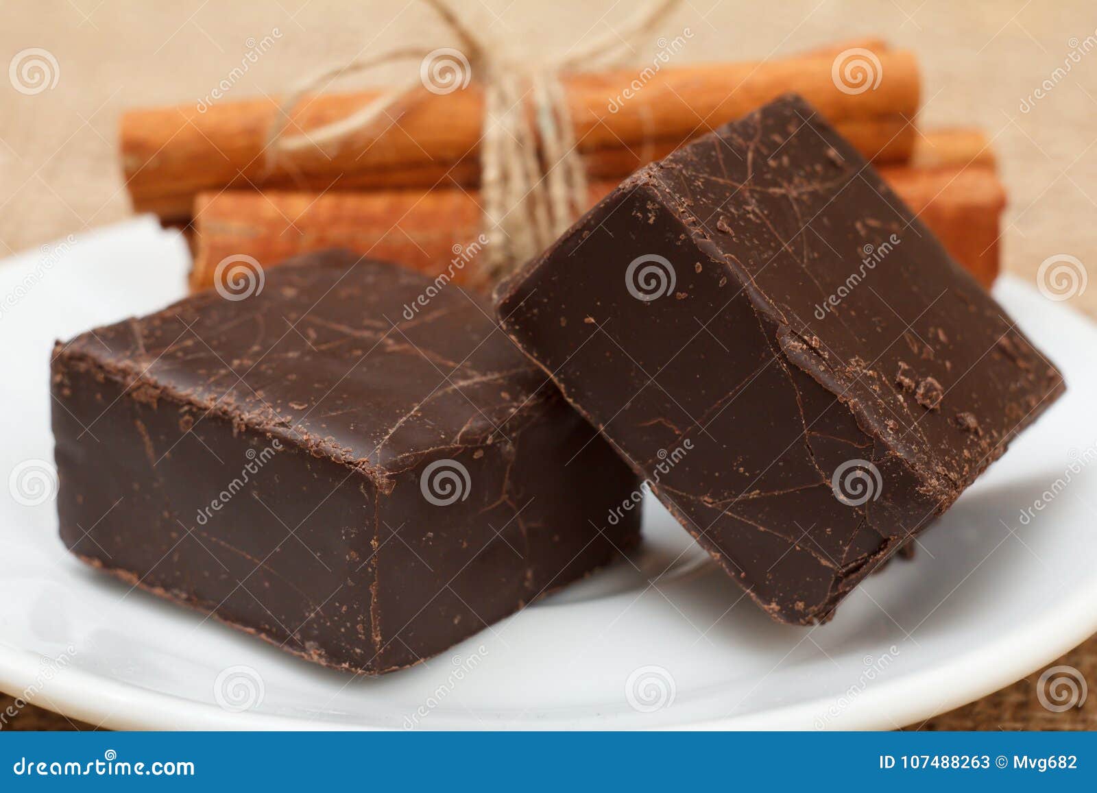 Chocolate Candies Rectangular Shape Put on White Plate with Cinn Stock ...
