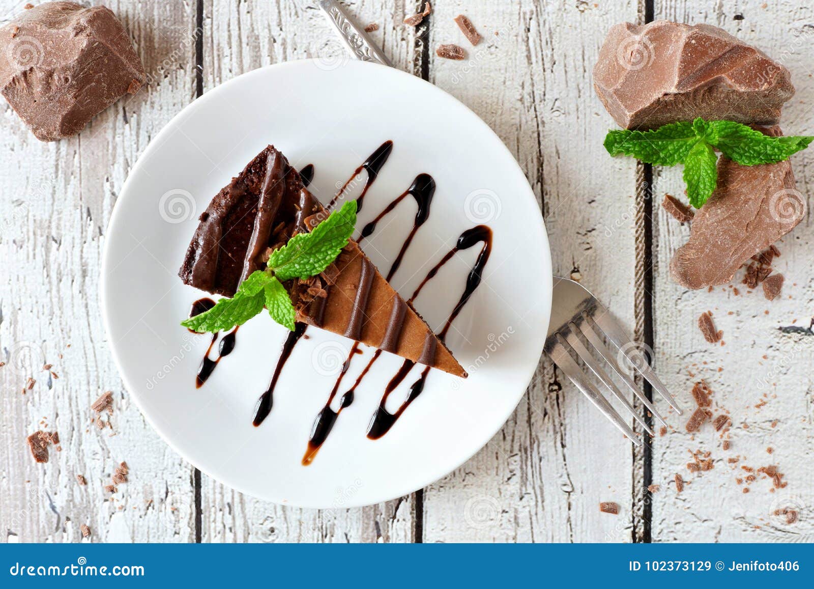 Chocolate Cheesecake Above View Over Rustic White Wood Stock Image ...