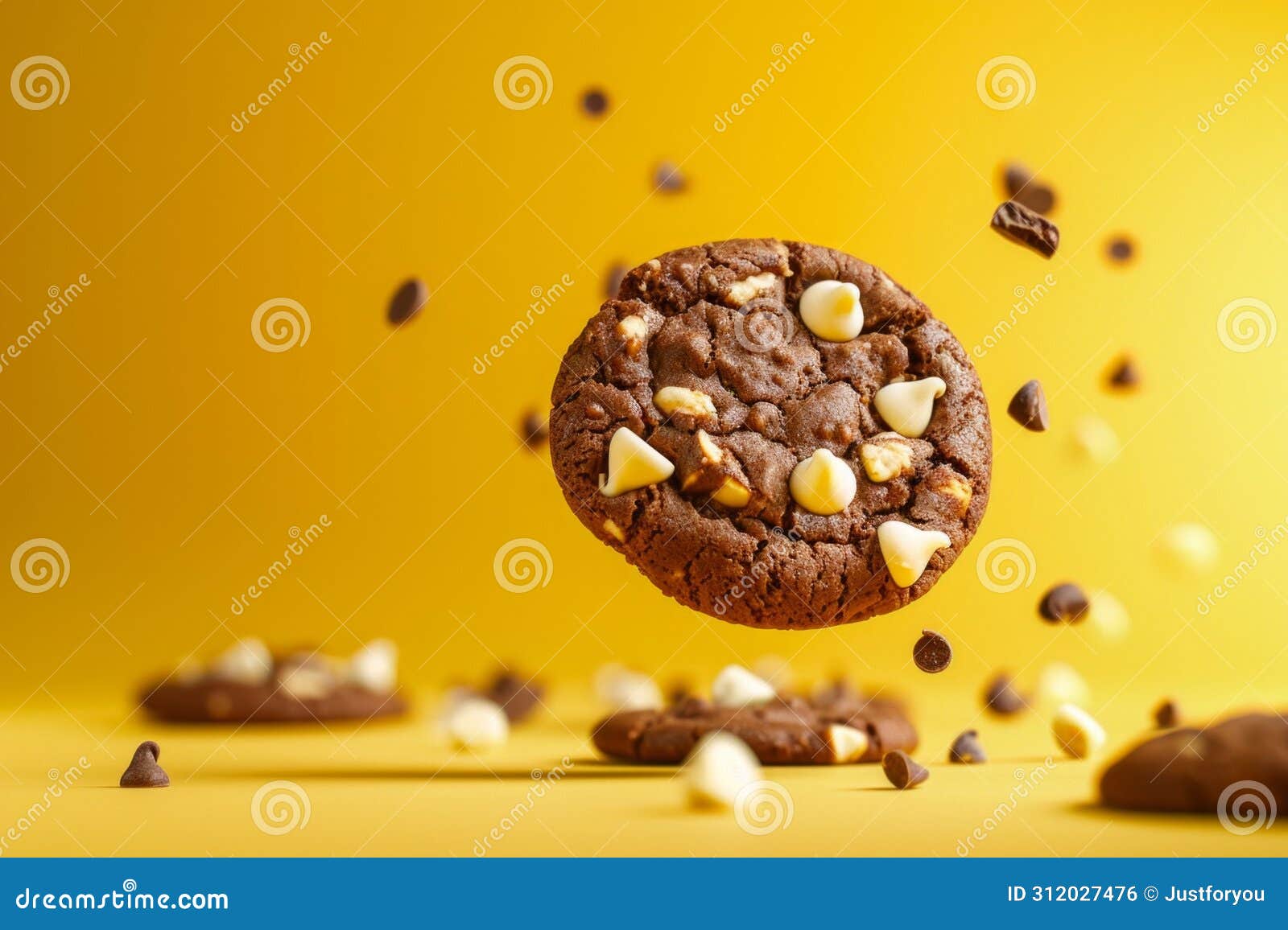 Chocolate Chip Cookie with Dynamic Chips Explosion on Yellow Background ...
