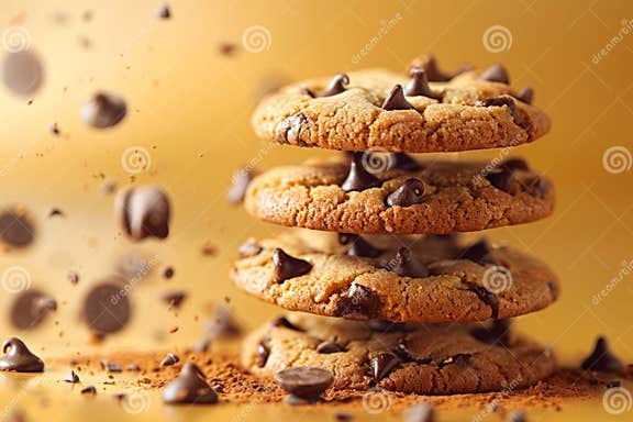 Chocolate Chip Cookie with Dynamic Chips Explosion on Yellow Background ...