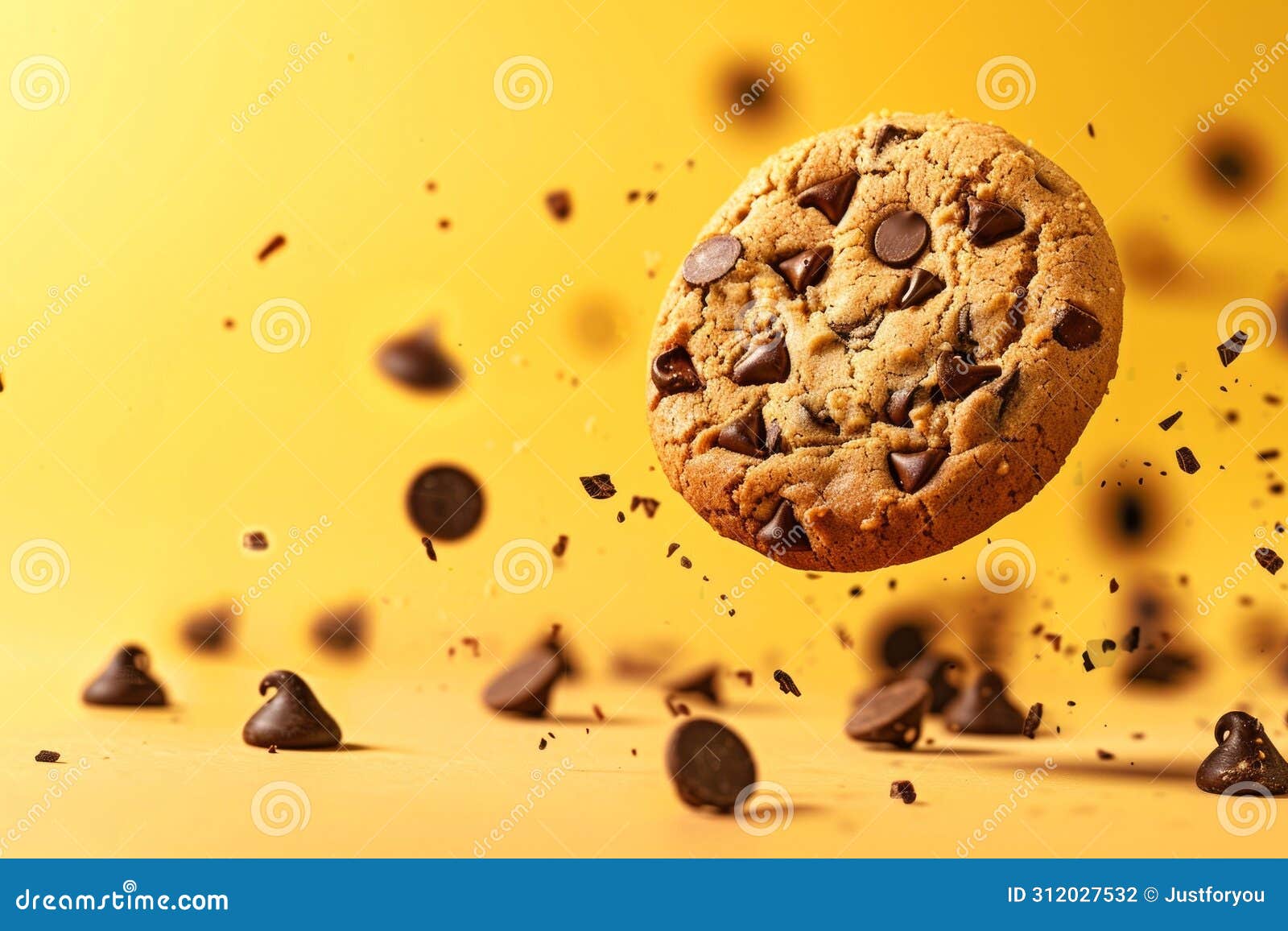 Chocolate Chip Cookie with Dynamic Chips Explosion on Yellow Background ...