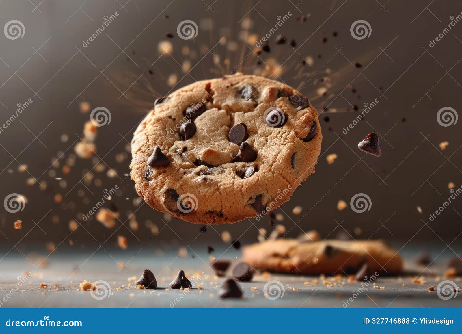 Chocolate Chip Cookie Exploding in Mid Air with Crumbs Stock Photo ...