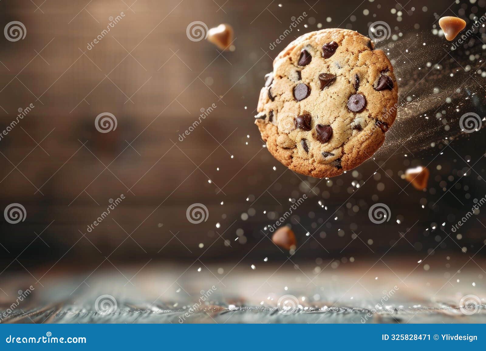Chocolate Chip Cookie Rotating and Falling on Wooden Table with ...