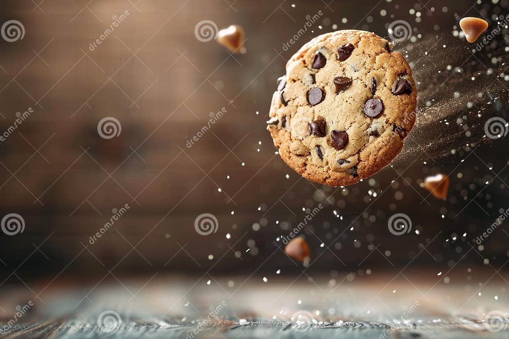 Chocolate Chip Cookie Rotating and Falling on Wooden Table with ...