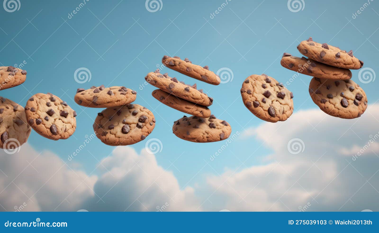 Chocolate Chip Cookies Flying in the Blue Sky with White Clouds ...