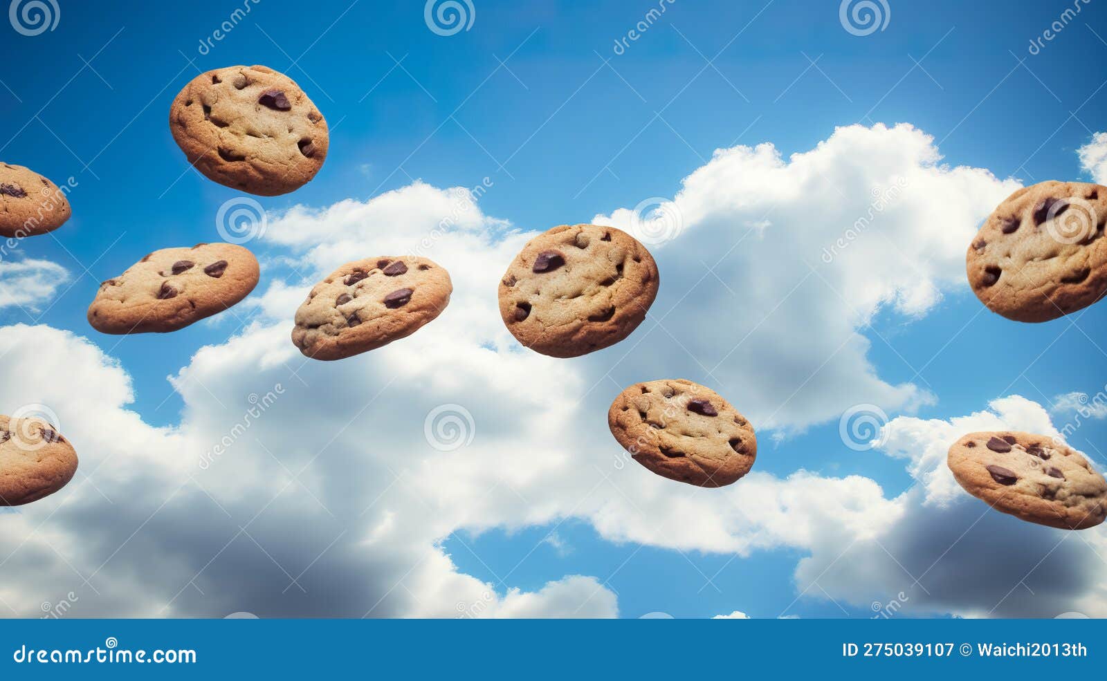 Chocolate Chip Cookies Flying in the Blue Sky with White Clouds ...