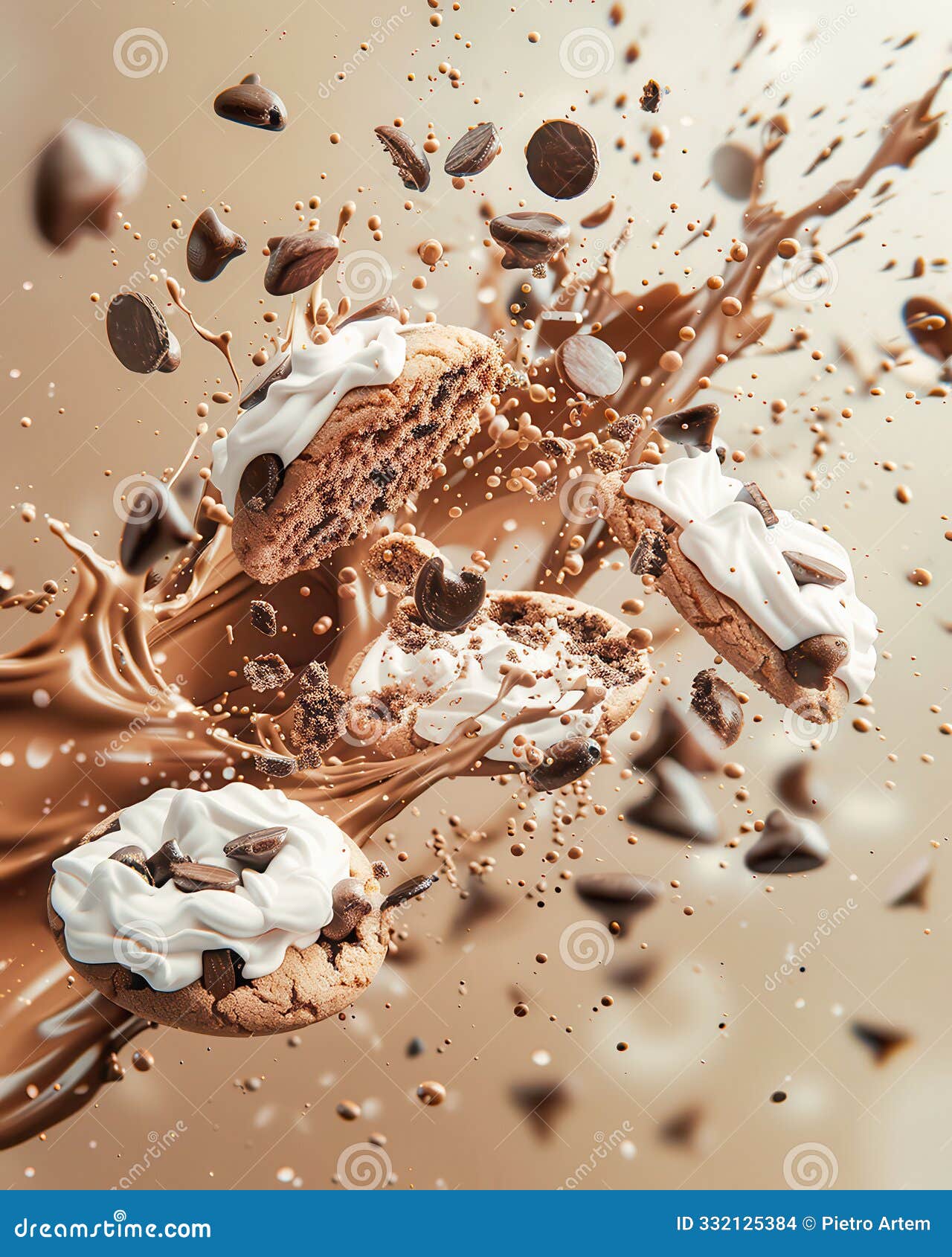 Chocolate Chip Cookies Plunging into a Brown Liquid Splash Stock Photo ...