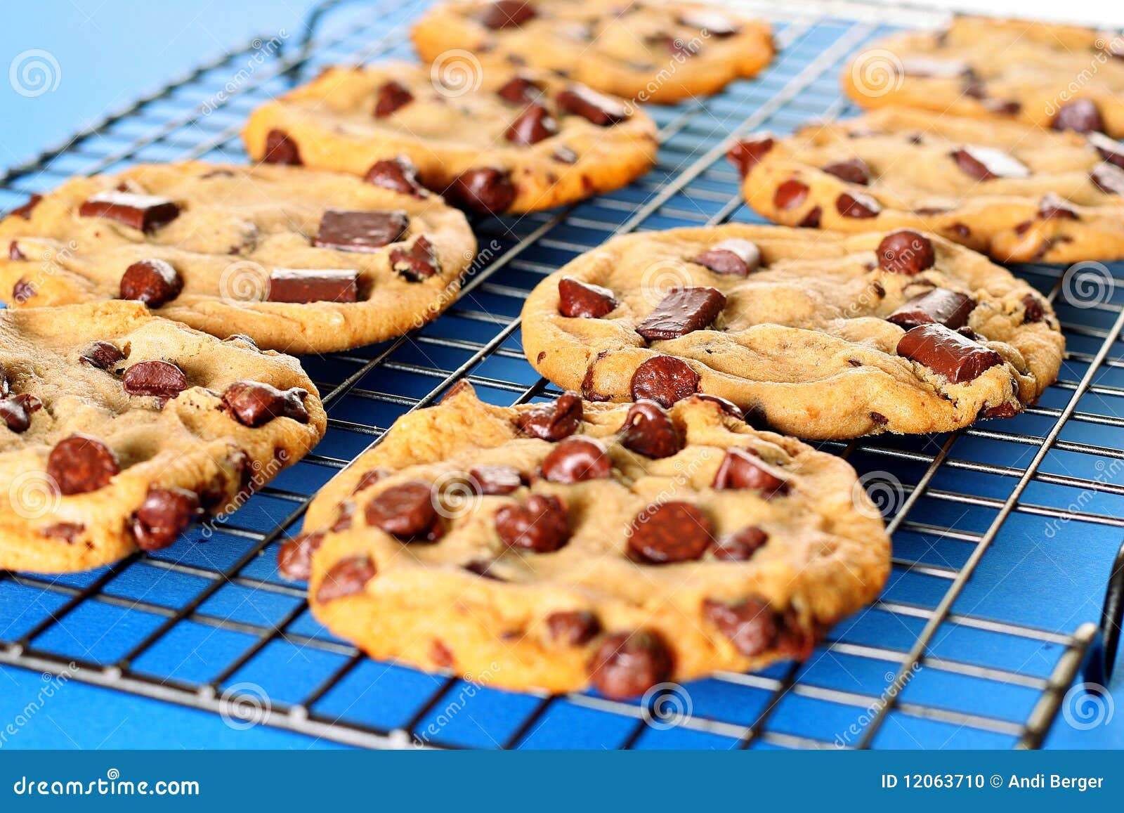 Chocolate Chip Cookies on Rack Blue Background Stock Photo - Image of ...