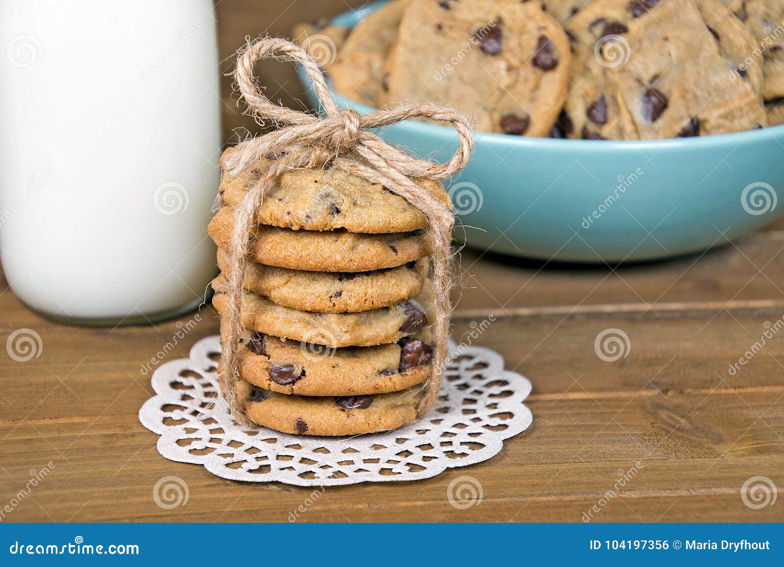 Chocolate Chip Cookies with String Bow and White Milk Stock Photo ...