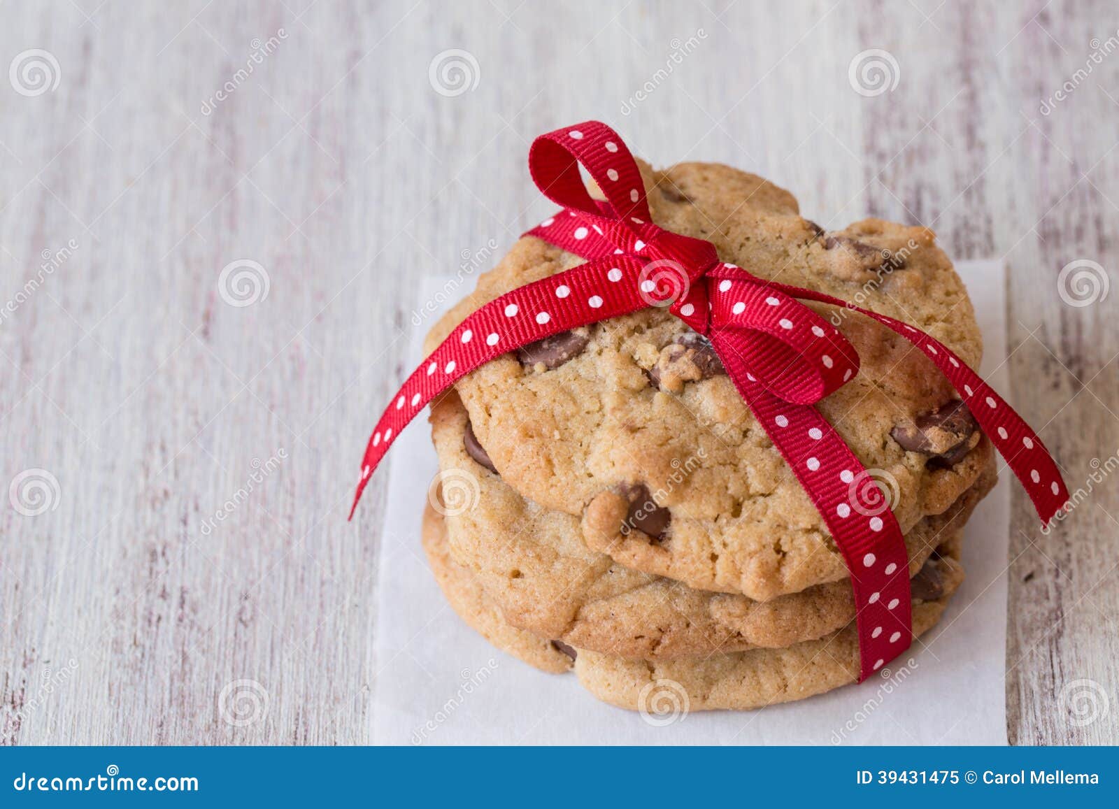 Chocolate Chip Cookies Tied with Red Ribbon Stock Image - Image of ...