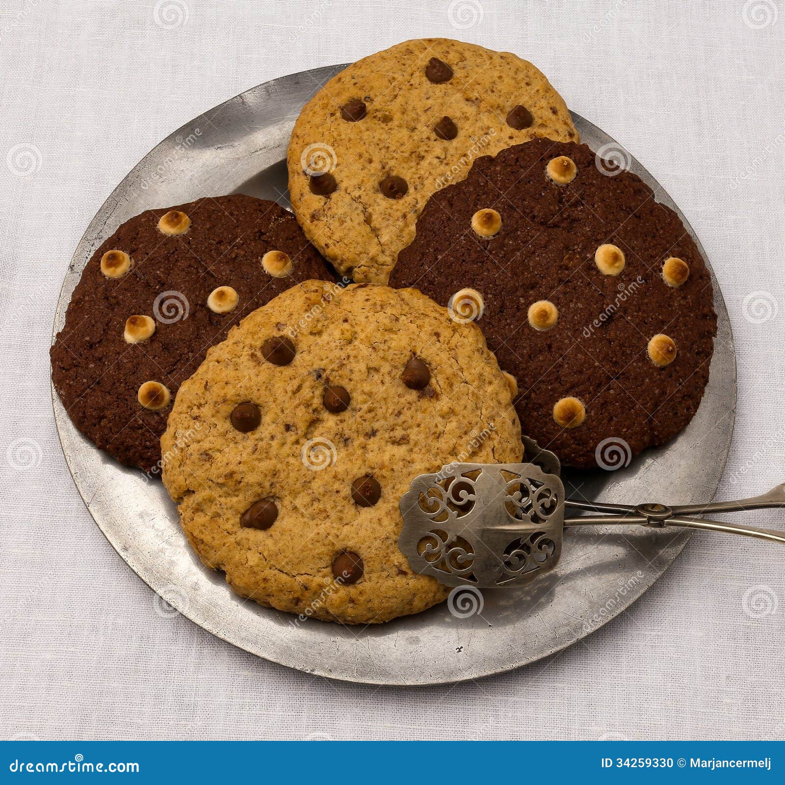 Chocolate Chip Cookies on Tin Plate Stock Photo - Image of breakfast ...